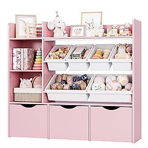 FACBOTALL Toy Storage Organizer with 3 Movable Drawers, Bookshelf and Bookcase with 6 Plastic Bins & 2 Storage Cubbies, Toy Chest with Hidden Wheels, Toy Storage Box for Playroom, School, Pink