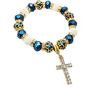 Nazareth Store Catholic Crystallized Cross Deep Blue Crystal Beads Wrist Rosary Bracelet Adjustable Elastic Bangle