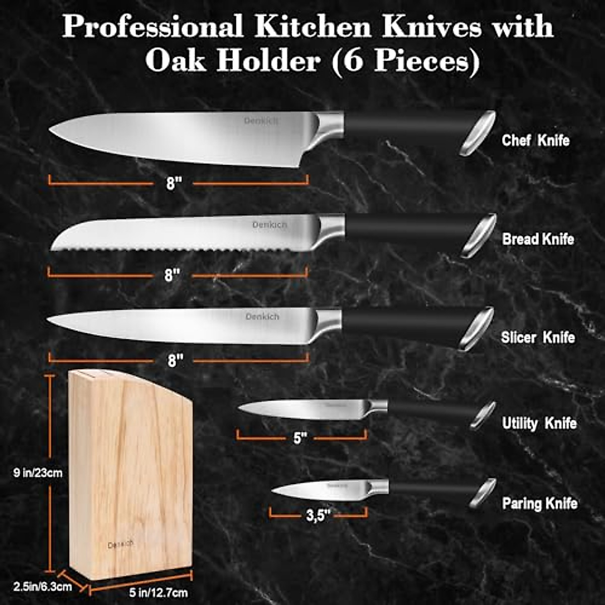 Denkich Small Knife Set, 6 Pieces Professional Chef Knife Set for Kitchen, German 5CR15 Steel Knife Set with Wood Block, Easy-Grip Handle, Rust-Proof, for Chopping, Slicing, Dicing