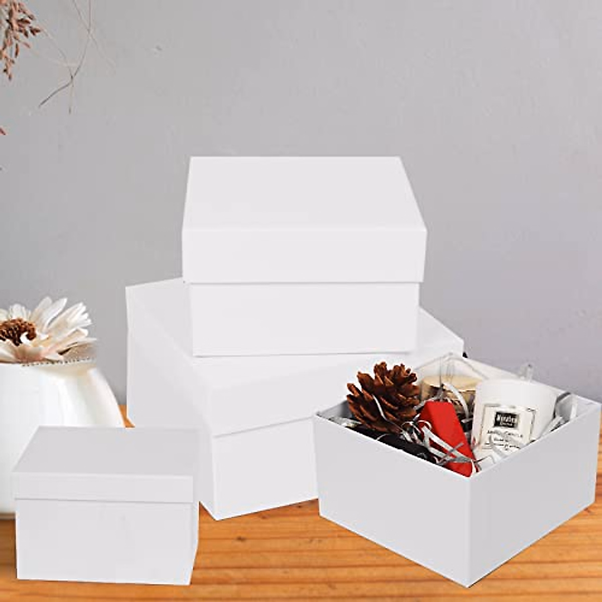 CHARMGIFTBOX White Gift Boxes for Presents 4 Pack Nesting Gift Boxes with Lids Assorted Sizes Square Stackable Boxes for Birthday Wedding Christmas Party Gift Wrapping (White)