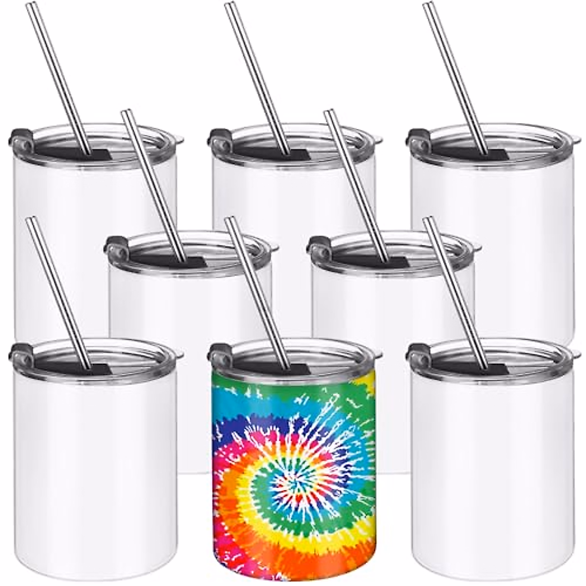Sublimation Blank Tumblers Bulk 10 oz White Stainless Steel Sublimation Straight Skinny Tumblers with Lids and Straw Double Wall Vacuum Insulated Cups for DIY Heat Press Print(8 Pack)