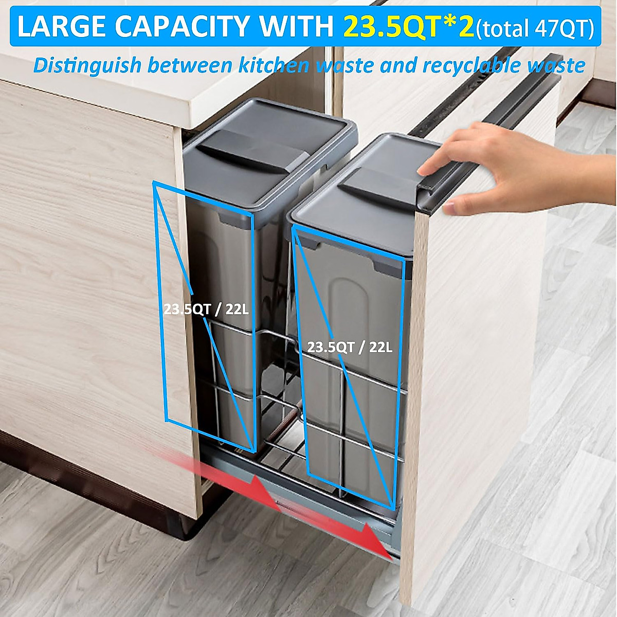 HANKEY Pull Out Trash Can Under Cabinet, Double Cabinet Trash Can Pull Out Kit, Trash Can Cabinet Pull Out Garbage Can for Kitchen Cabinet Soft Close with Lid,13.19inch Width,Total 47Qt