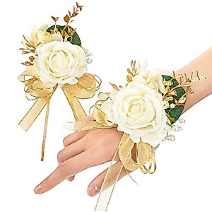 Ivory Rose Wrist Corsage Wristlet Band Bracelet and Boutonniere Set for Men Women Bride Bridesmaid Wedding Prom Flowers Accessories (A-Boutonniere & Wrist Corsage)
