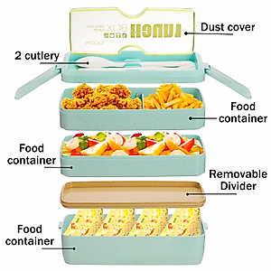 Yesland 3 Packs Bento Box, Japanese Lunch Box with Divider, Wheat Straw 3-In-1 Compartment Stackable Lunch Containers Meal Prep Containers for Kids and Adults (Green/Pink/Beige)