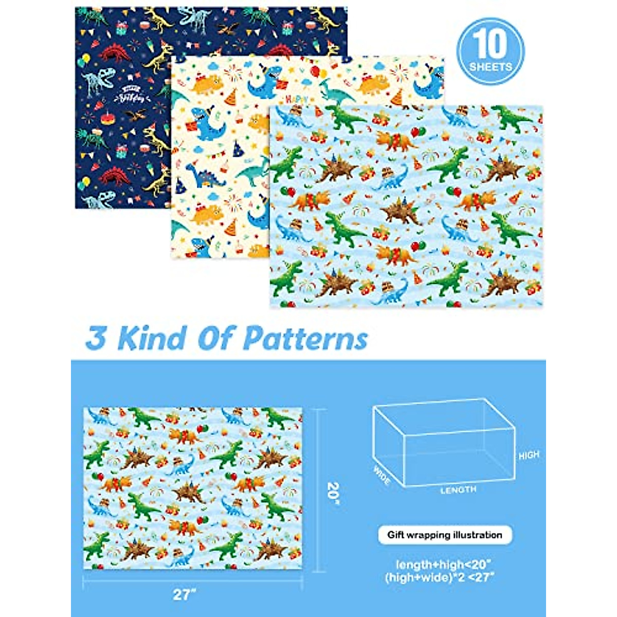 WERNNSAI Dinosaur Wrapping Paper - 10 Sheets Dinosaur Gift Wrapping Paper for Boys Girls 3 Styles Patterns Wrap Paper Rolls Happy Birthday Wrapping Paper Dino Party Favor Present (20’’ x 27’’/ Sheet)
