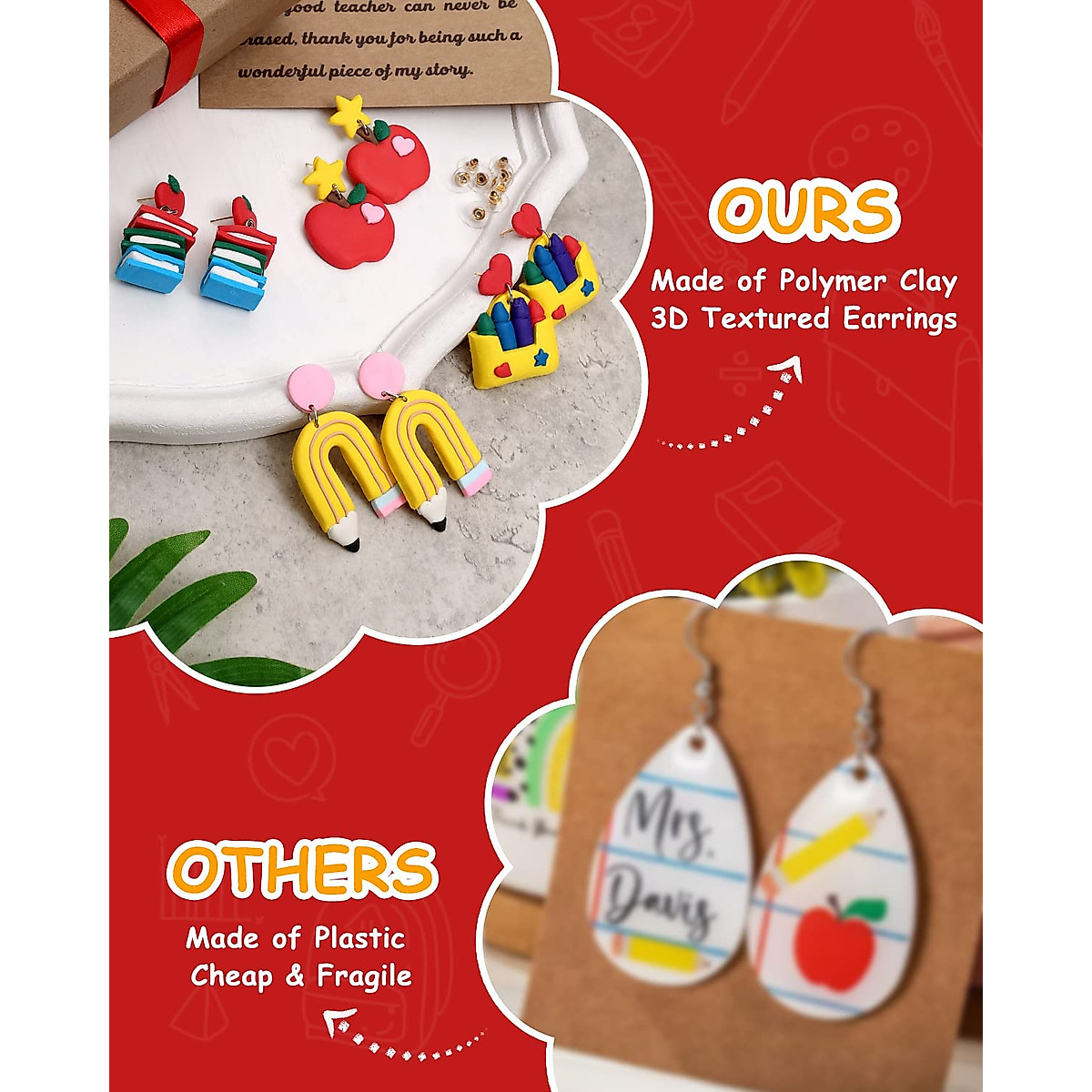 Tuitessine Teacher Polymer Clay Earrings with Appreciation Card Apple Pencil Books Crayons Jewelry for Mrs. Teacher Master Tutor Christmas Holidays Gift Basket Set of 4 Earrings in A Wrapped Box