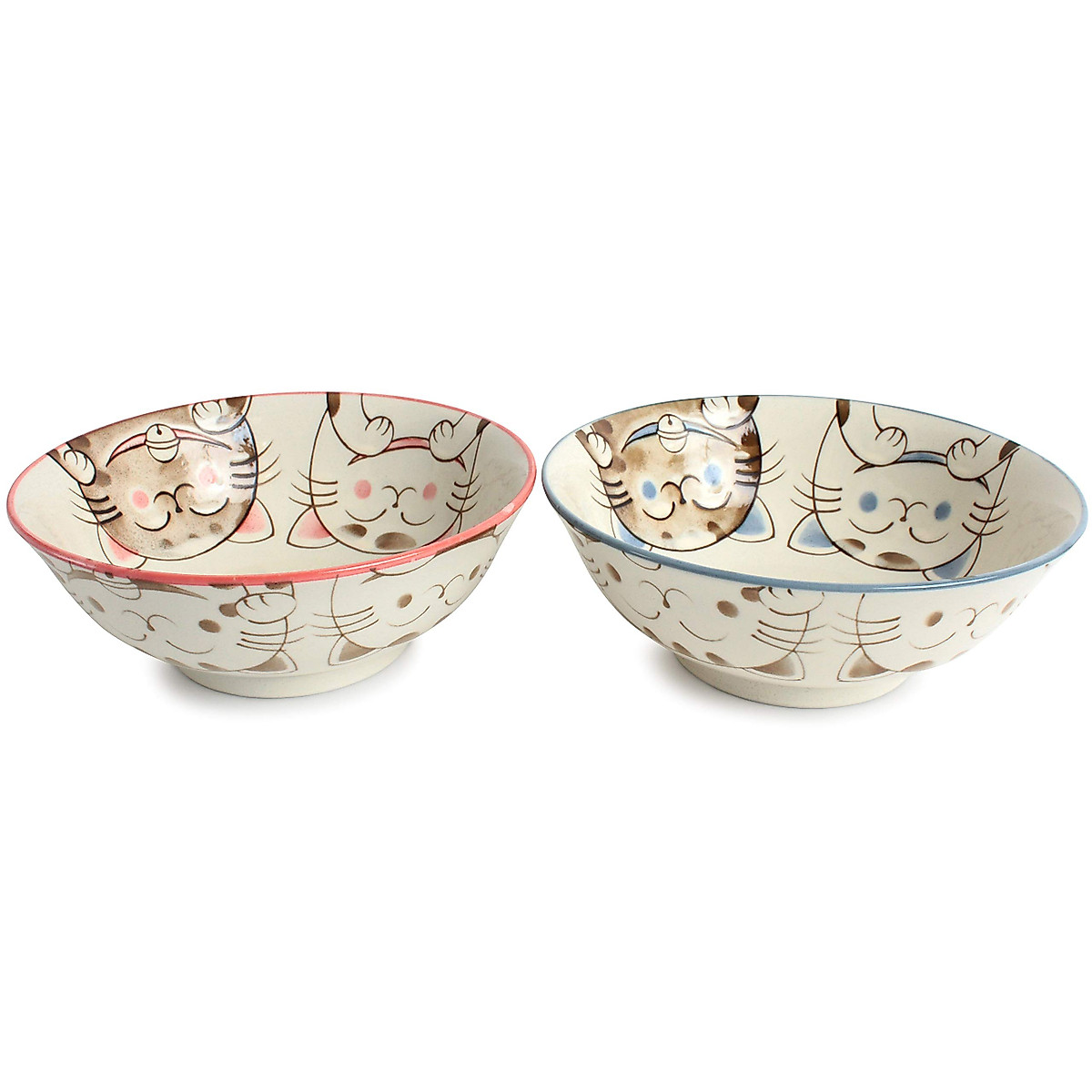 Mino ware Japanese Pair Ramen Noodle Donburi Bowl Smiling Cats Blue & Pink Set made in Japan (Japan Import) MIG001