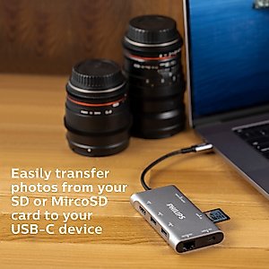Philips USB C Hub with Power Pass-Through, 7-in-1 Multiport Adapter, 1 HDMI 4K@30Hz, 60W USB-C Power Delivery, 2 USB 3.0, 1 Ethernet, 1 SD 1 MicroSD Card Reader, DLK9120C/27