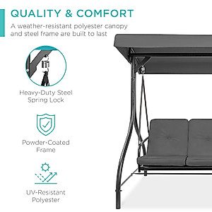 Best Choice Products 3-Seat Outdoor Large Converting Canopy Swing Glider, Patio Hammock Lounge Chair for Porch, Backyard w/Flatbed, Adjustable Shade, Removable Cushions - Gray