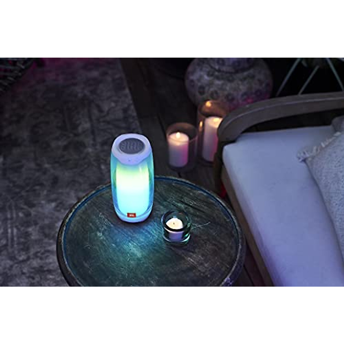 JBL Pulse 4 - Portable Bluetooth Speaker with 360 degrees LED lights, powerful sound and deep bass, IPX7 waterproof, 12 hours of playtime, JBL PartyBoost for multiple speaker pairing (White)