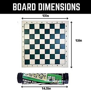 GETORIUM Tournament Chess Set: Portable and Professional Set with Travel Portable Plastic Tube Roll. Plastic Staunton Chess Pieces, Foldable Vinyl Chess Board.(Green, 13X13IN)