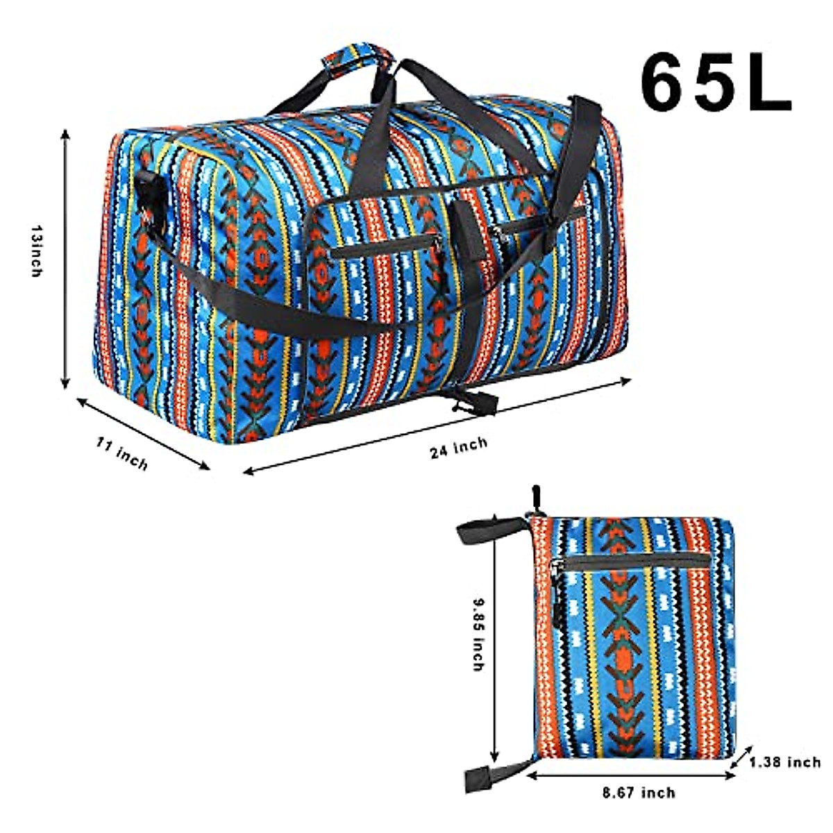 Duffel Bag 65L Packable Duffle Bag with Shoes Compartment Unisex Travel Bag Water-Resistant Duffle Bag(Bohemian Blue,65L)