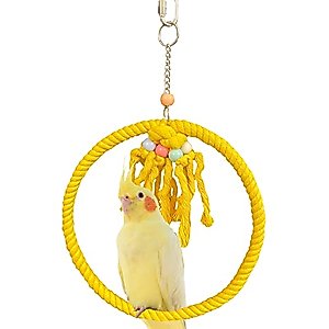 SIMENA Cotton Rope Bird Swing for Bird Cage, Hanging Bird Perch Parrot Toys, Bird Cage Accessories for Medium to Large Birds Including Parakeets, Cockatiels, Conures, etc. (Small (7.5" Yellow)