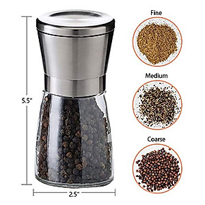 Professional Salt and Pepper Grinder Set of 2 - Brushed 304 Stainless Steel, Adjustable Ceramic Coarseness, Pepper, Sesame, Spice Salt Shaker, Pepper Grinder, Added Bonus Two Cleaning Brush- 6 Oz