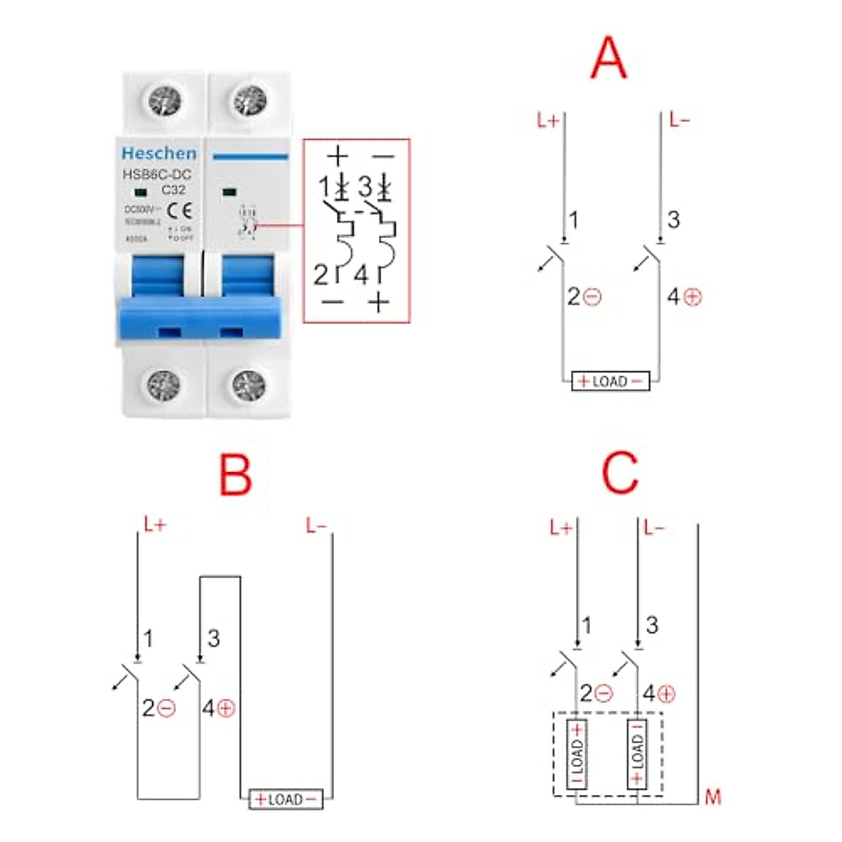 Heschen DC Miniature Circuit Breaker, HSB6C-DC, 2 Poles, DC500V 125A, Photovoltaic Circuit Breaker, for Solar PV System Solar Panels Grid System, 35mm DIN Rail Mounting