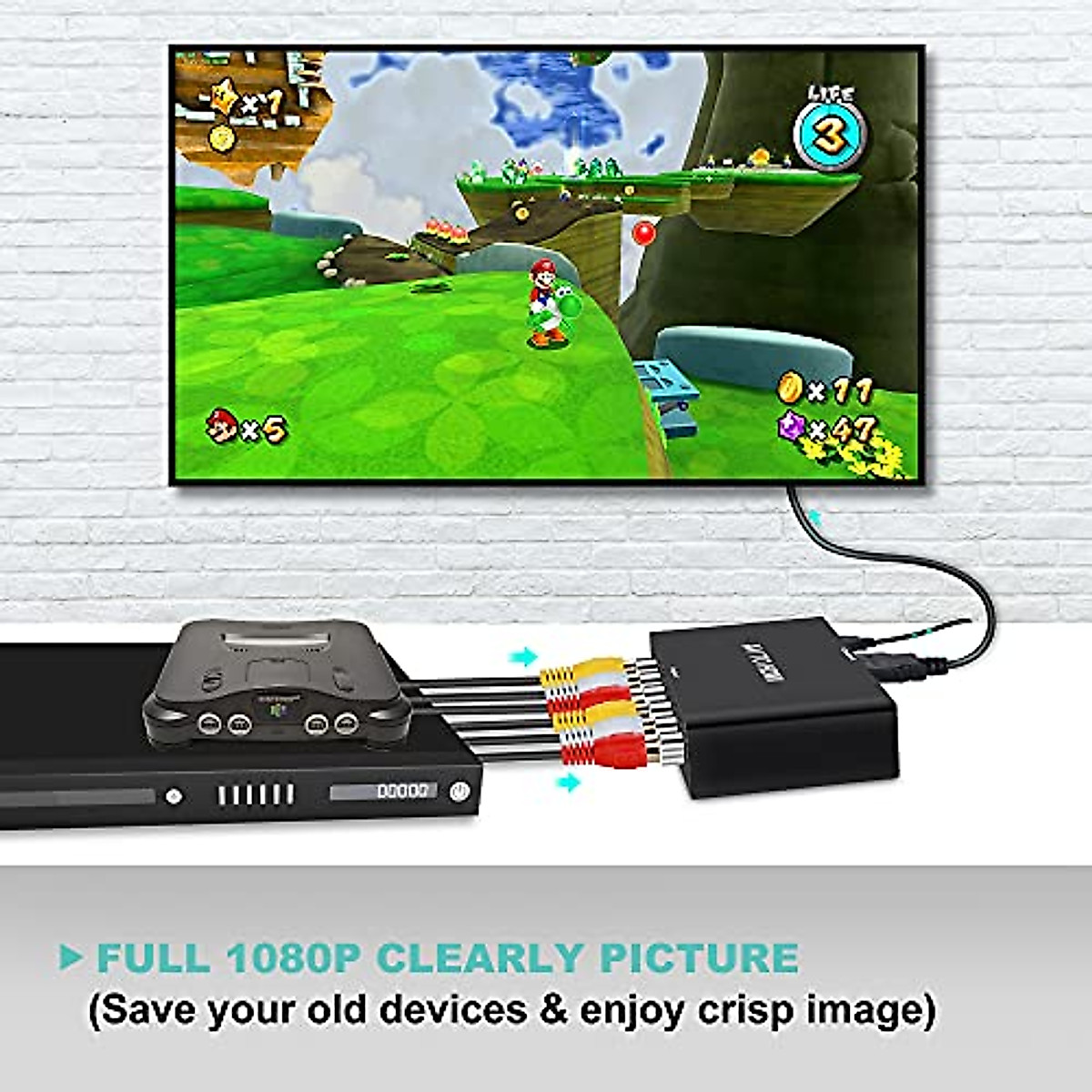 Sheiaier RCA to HDMI Converter, 1080P Dual AV to HDMI Adapter, CVBS to HDMI Composite Video Audio Converter Supports NTSC PC Laptop Xbox PS3 TV STB VHS VCR Camera DVD