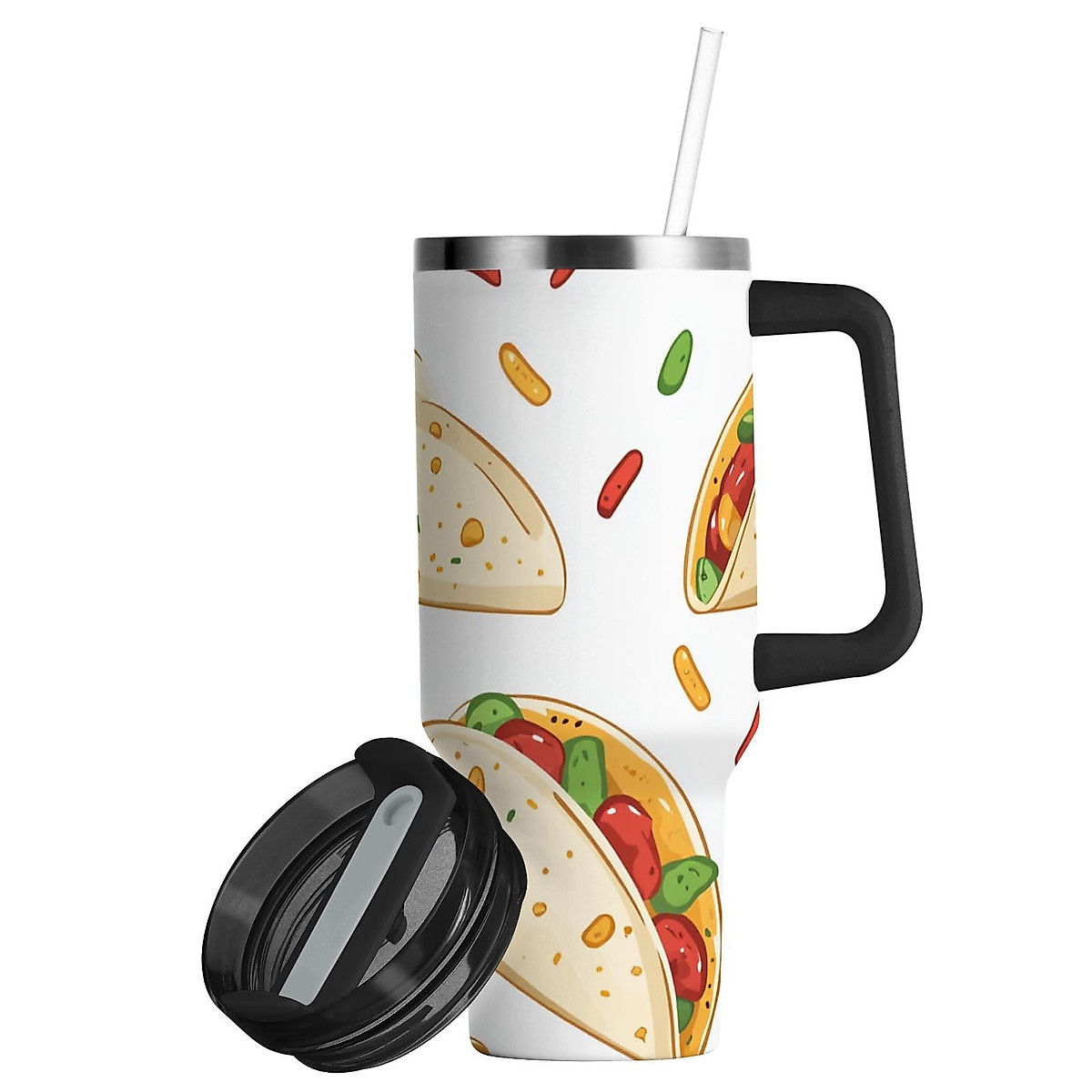 Selerdon 40 oz Tumbler Taco White with Handle and Straw Lid Vacuum Stainless Steel Insulated Water Bottle Travel Mug Car Cup Holder Friendly BPA Free for Gym Travel Office