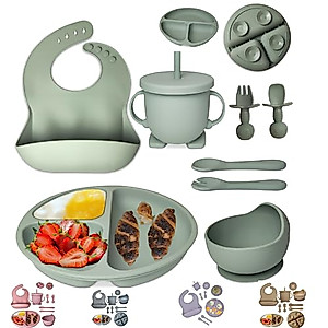 mutualproducts - Baby Feeding Set 8-Piece | Baby Led Weaning Utensils Set Includes Suction Bowl and Plate, Baby Spoon and Fork, Sippy Cup with Straw and Lid | Baby Feeding Supplies (Army Green)