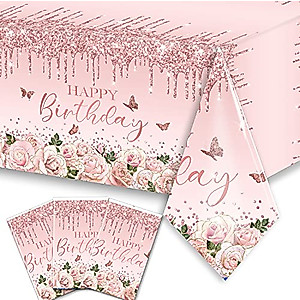 HAKOTI Pink Rose Gold Tablecloth Decoration - 3 PCS Happy Birthday Tablecloth Disposable Plastic Sequin Tablecloth Girls Birthday Wedding Party Tablecloths for 50th 60th 70th 80th Men or Women