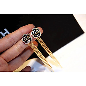 Rhinestone Pendant Black Rose Floral Tassel Earrings