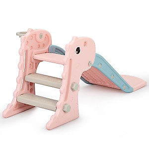 3 in 1 Freestanding Toddler Slide, Afaris Indoor Outdoor Playground with Basketball Hoop and Ball for Kids Boys Girls Under 3 Years, Pink