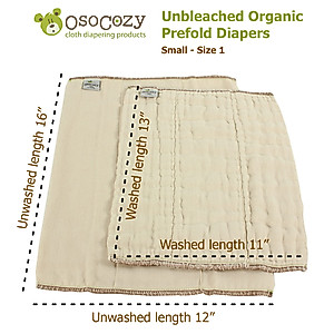 OsoCozy Organic Cotton Prefold Cloth Diapers Traditional Fit Small 4x8x4 Layering (6pk) - Super-Soft, Thick, Absorbent and Durable. Unbleached Natural Color, Fits 7-15 lbs.