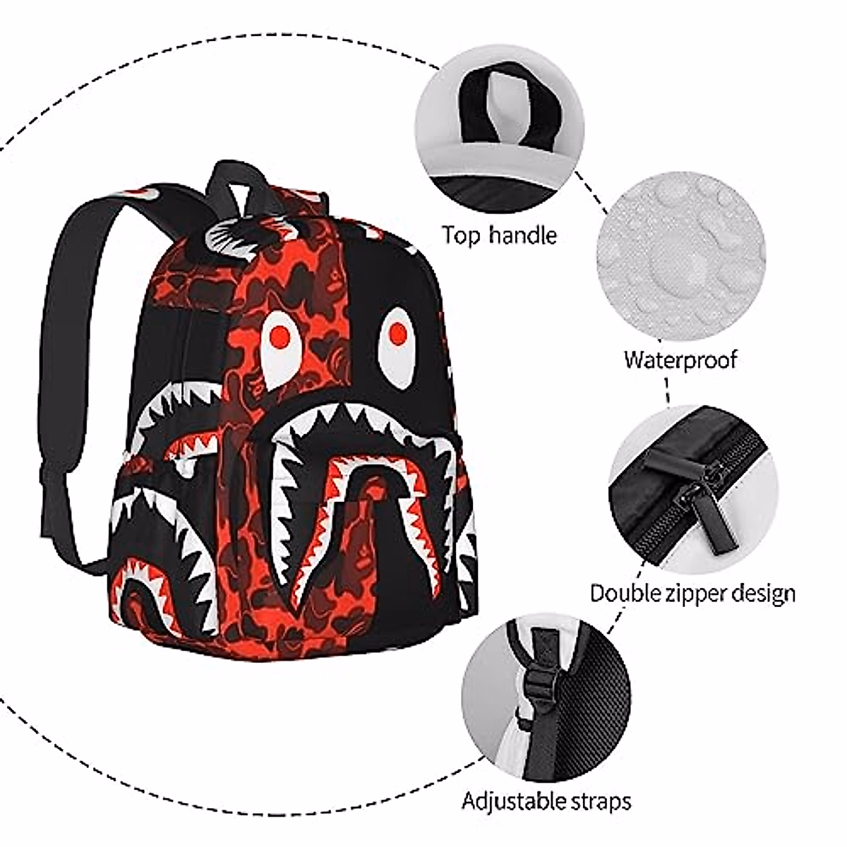 Red-Black Shark Printed Travel Laptop Backpack For Women,Print Mini Casual Daypack Waterproof Computer Bags With Ergonomic