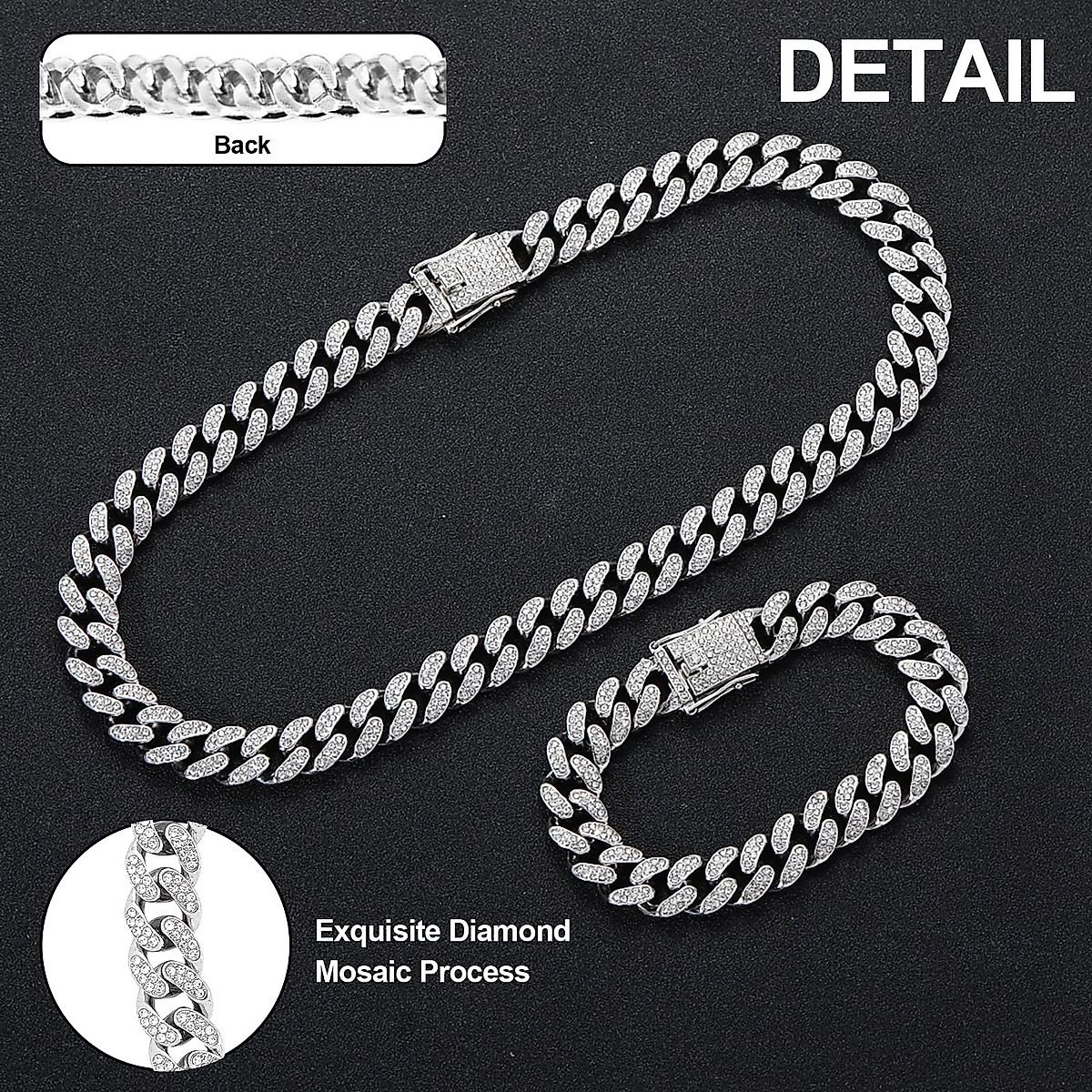 Mens Chains Diamond Cuban Link Chain Necklace Bracelets Set for Men Women Bling Bling Hip Hop Jewelry (Silver 20IN)