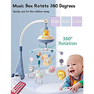 BSROLUNA Baby Crib Mobile with Music and Lights, Baby Mobile for Crib with Remote Control, Hanging Rotating Animals Rattles, 16 Songs and Timing Function, Cartoon Baby Crib Toys for Boys (Baby Blue)