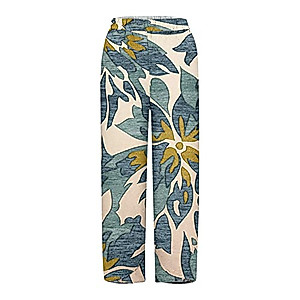 SMIDOW Pants for Women Womens Boho Floral Print Linen Pants Casual Loose Drawstring High Waist Cropped Capris Straight Leg Lounge Trousers