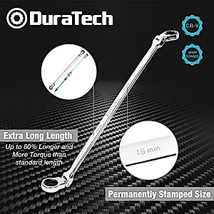 DURATECH Extra Long Flex-Head Ratcheting Wrench Set, Double Box End Wrench Set, 6-Piece, Metric 8-19mm, CR-V Steel, with Pouch