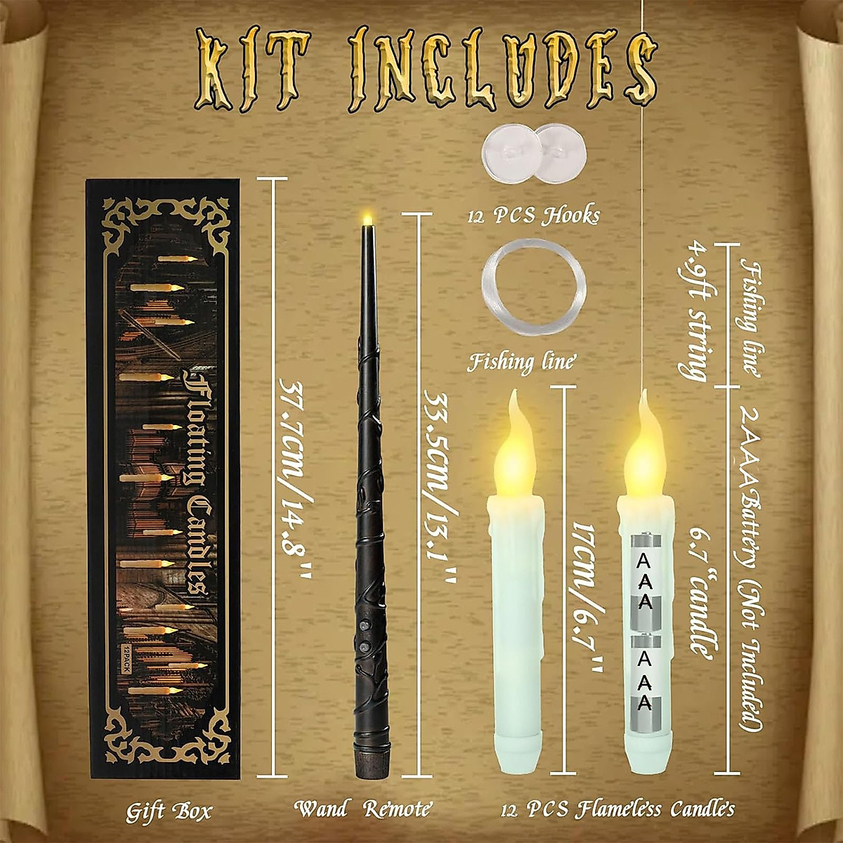 Prerish 12 PCS Floating Candles with Wand - Christmas Decoration Magic Hanging Candles - Flickering Warm Light Floating Candle Decor for Home Indoor Room Classroom Bedroom Party