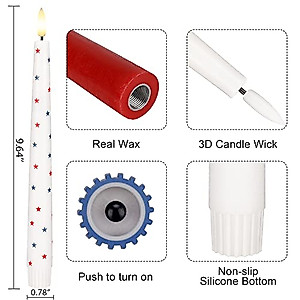 Patriotic Candles, Flameless Taper Candles with 3D Wick, 9.6" Real Wax Red White Star and Blue Candles with Remote and Timer