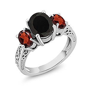 Gem Stone King 925 Sterling Silver Black Onyx and Red Garnet 3 Stone Ring For Women (2.73 Cttw, Gemstone Birthstone, Available In Size 5, 6, 7, 8, 9)