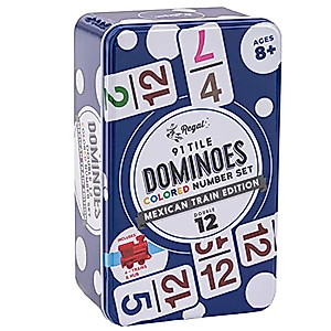Regal Games - Double 12 Dominoes - Colored Numbers Set - Mexican Train Game Set with Hub, 91 Numbered Domino Tiles, 4 Trains, and Collector's Tin - Ideal for 2-4 Players Ages 8 for Kids and Adults