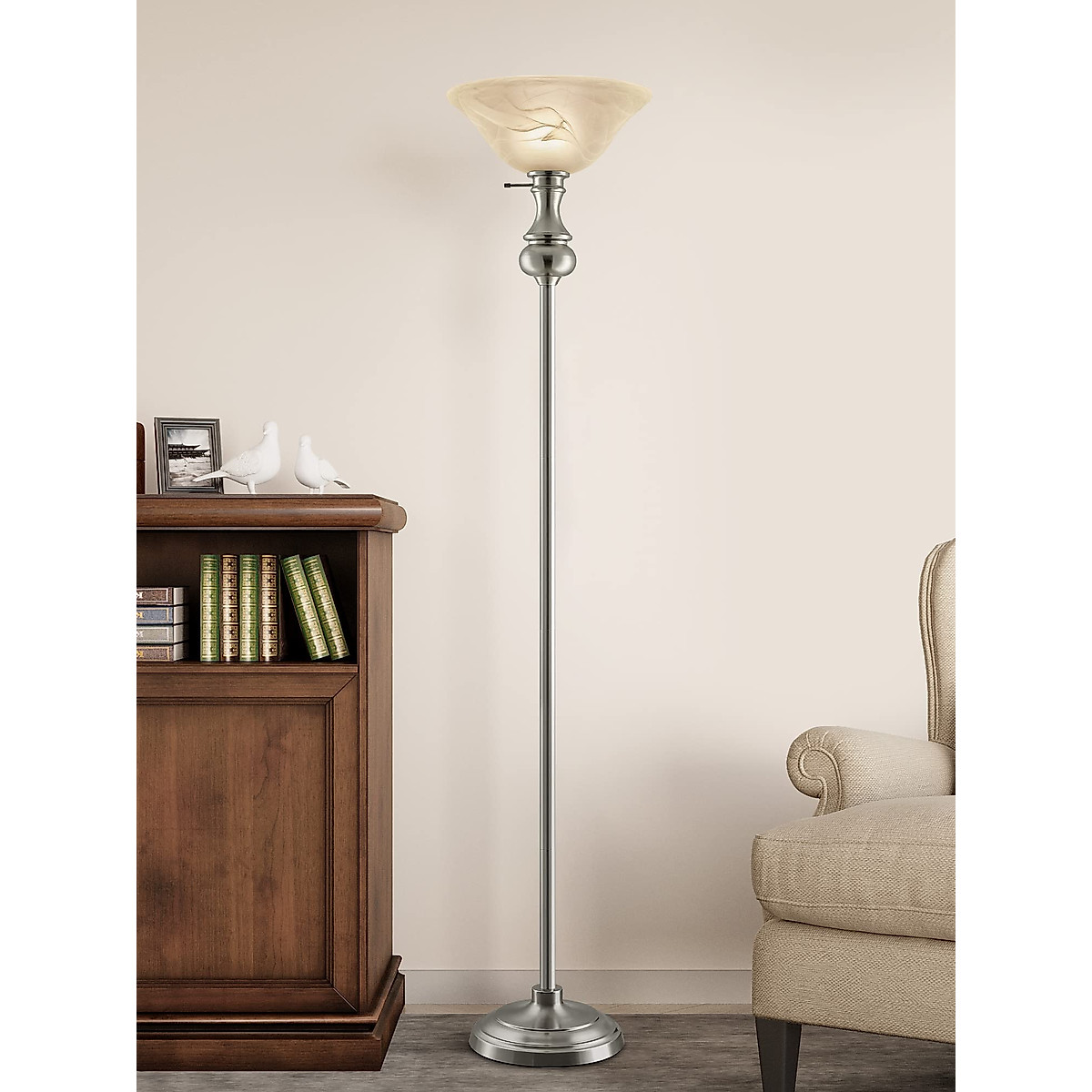 Oneach Modern Shirley Torchiere Floor Lamp for Living Room 150-Watt 71.5-Inch Floor Light with Frosted Glass Shade for Bedroom Silver