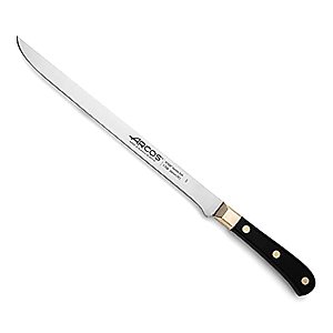ARCOS Carving Knife 10 Inch Stainless Steel. Ham Slicer Knife for Cutting Ham and Meat. Ergonomic Polyoxymethylene Handle and 250mm Blade. Series Regia. Color Black/Gold