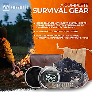 KonvoySG Carbon Steel Fire Striker, English Flint Stone & Char Cloth Traditional Hand Forged Fire Starter, Leather Gift Kit with Emergency Tinder Jute Bag (Cognac)