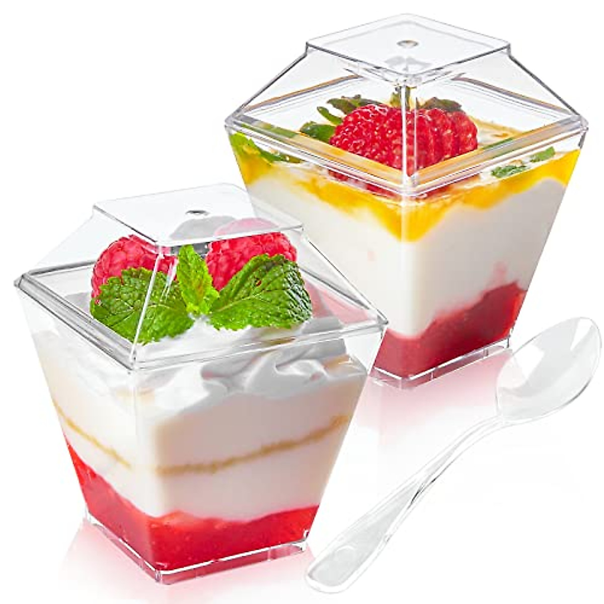 Qeirudu 50 Pack 3.5 oz Mini Dessert Cups with Lids and Spoons - Parfait Cups with Lids Plastic Square Shooter Cups for Party Appetizers Pudding Mousse Triffle
