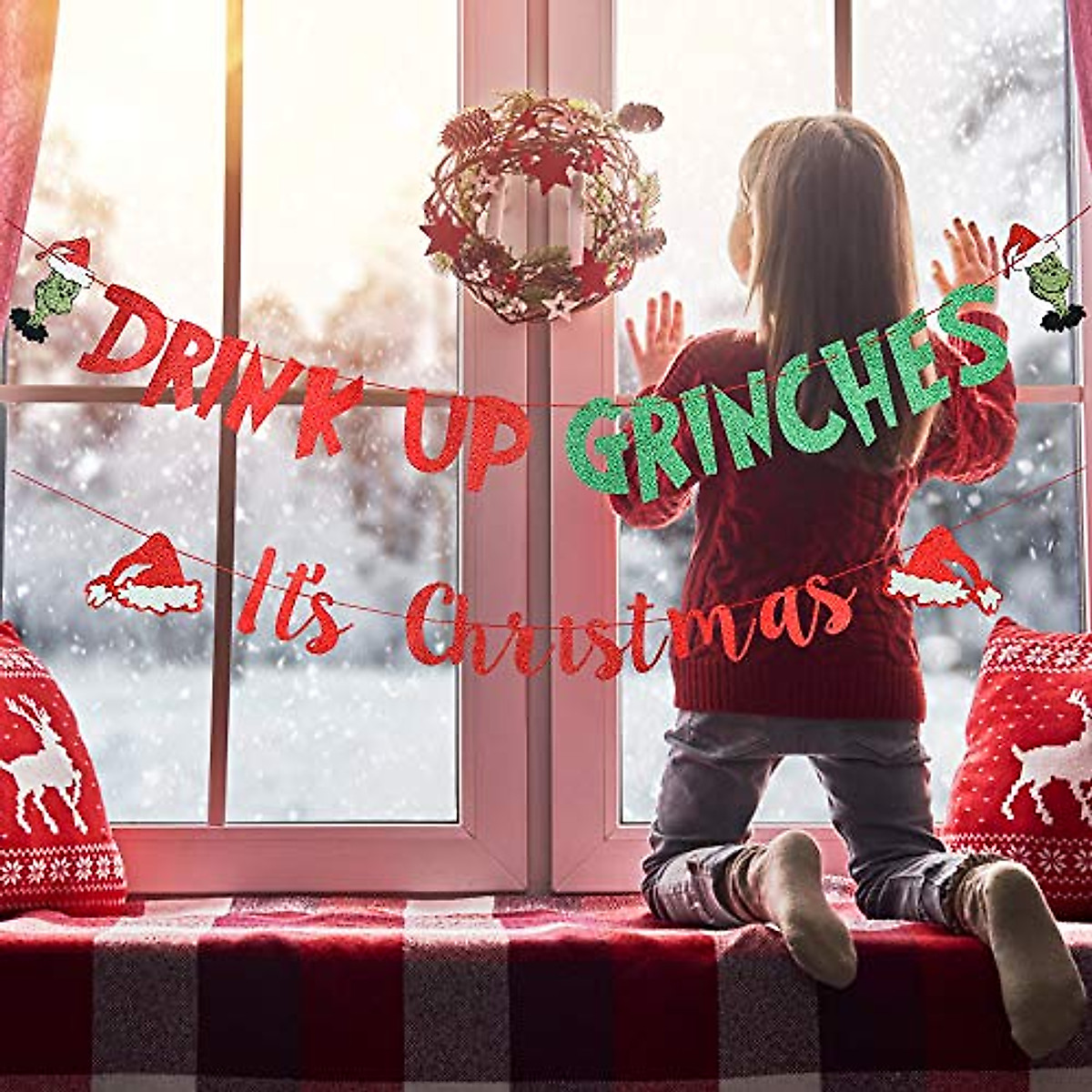 Red&Green Glitter Drink Up Grinches & It's Christmas Banner, Grinch Christmas Decorations, Christmas July Party Decorations Drink Up Grinches Sign Decorations Xmas Mantel Fireplace Home Indoor Outdoor Grinch Party Decorations Supplies
