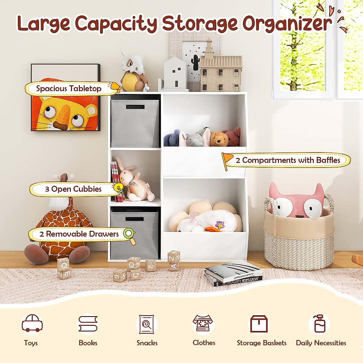 HONEY JOY 5 Cubbies Kids Toy Storage Organizer, Children Bookcase and Bookshelf w/2 Storage Boxes, Wooden Muti-Bins Toy Storage Display Cabinet for Playroom, Nursery, Daycare, Kindergarten