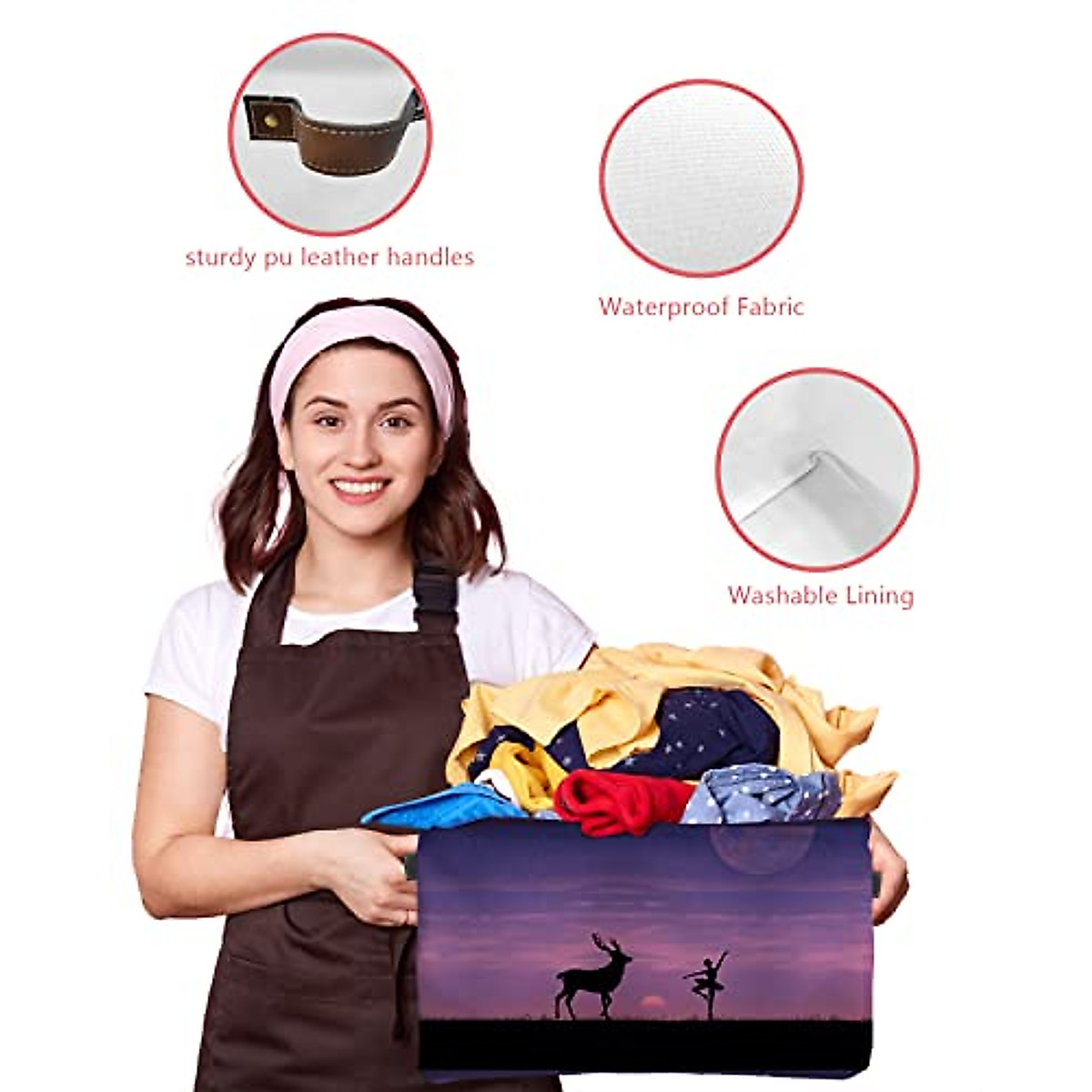 1 Pack Forest Deer Cube Storage Organizer Bins with Handles,Collapsible Canvas Cloth Fabric Storage Basket,Wild Purple Starry Sky Sunset Dancing Women Books Kids' Toys Bin Boxes for Shelves,Closet