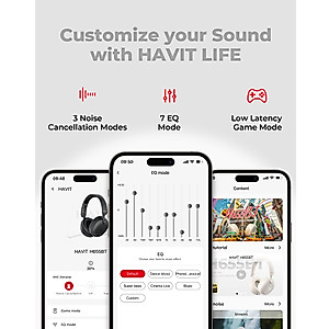havit H655BT Hybrid Active Noise Cancelling Headphones for Airplane Travel, Wireless Over Ear Bluetooth Headphones, 76H Playtime, Hi-Res Audio, Super Bass via App, 5 Mic for Noise Cancelling