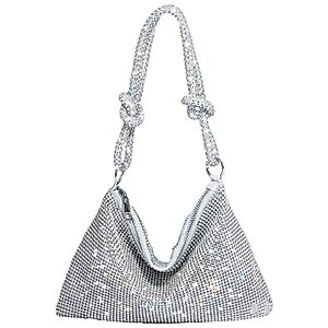 RichCoco Rhinestone Evening Purses for Women Hobo Bags Chic Sparkly Crystal Cluth Purse Bling Shiny Handbag for Party Club (Silver)