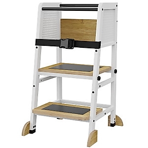 YAKANJ Toddler Standing Tower,Toddler Kitchen Stool Helper,Step Stool for Toddler Kids,Wooden Standing Tower with Adjustable Height,Anti-Slip Protection,Safety Belt-Wood