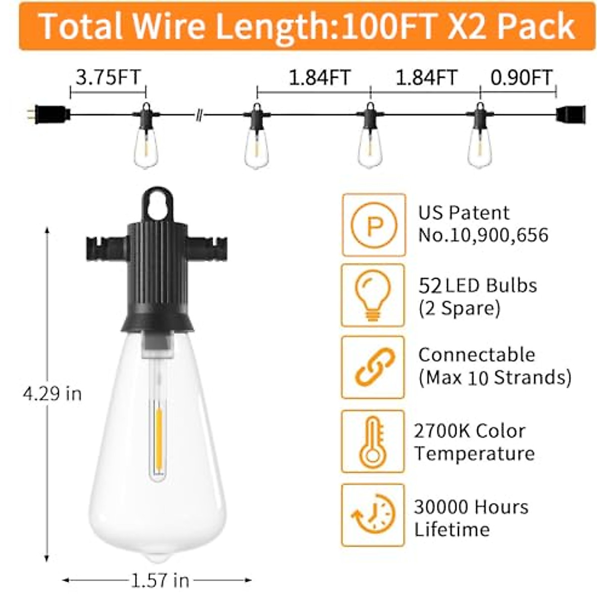 ZOTOYI Outdoor String Lights 200 FT, Waterproof IP65 Patio String Lights for Outside with 104 Shatterproof ST38 Bulbs(4 Spare), LED Hanging Lights for Bistro, Backyard, Garden 2700K(2-Pack 100FT)