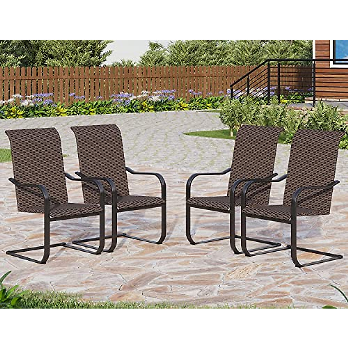 PHI VILLA Outdoor Patio C Spring Rattan Chairs, 4 Pieces High Back Wicker Dining Chair with Metal Frame for Patio, Deck, Porch - Brown