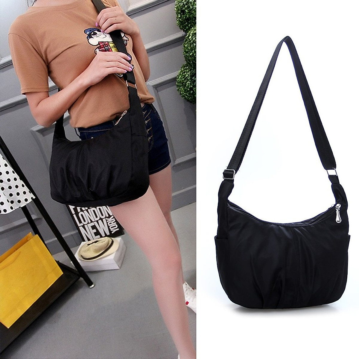 Grey990 Women Casual Nylon Waterproof Sling Shoulder Bag Large Capacity Crossbody Bag Handbag Purse Black