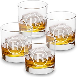 Set of 4 Monogrammed Lowball Glasses for Whiskey, Scotch, Tequila - Bar Glasses Sets for Home - Father’s Day Gift for Dad, Husband, Boyfriend (Classic Monogram)