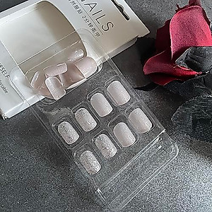 Short Press on Nails Square Press on Nails Solid Color Nude Glitter Glossy Fake Nails Full Cover Acrylic Glue on Nails Cute Stick on Nails Manicure Art for Women 24pcs